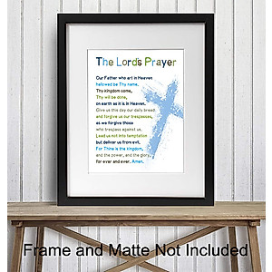 Lords Prayer Bible Verse Wall Art - Religious Scripture Boys Room Decor - Christian Gifts for Toddler or Baby Boys Bedroom, Son - Blessed Church Sunday School Kids Decorations - Cross Picture Poster