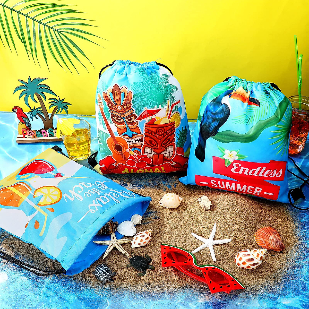 Woanger 16 Pack Hawaii Themed Party Drawstring Bags Aloha Party Drawstring Pouch Tiki Pineapple Hawaiian Party Gift Bags with Drawstring Aloha Gift Bag for Birthdays, Bridal Shower, Samples, Events