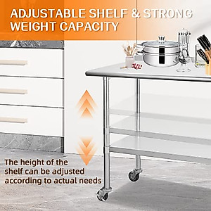 HOCCOT Stainless Steel Prep & Work Table with Adjustable Shelf, with Backsplash and Wheels, Kitchen Island, Commercial Workstations, Utility Table in Kitchen Garage Laundry Room Outdoor BBQ, 24" X 30"