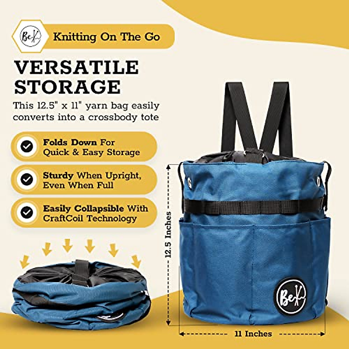 BeKnitting Knitting Bag Backpack - Convertible Yarn Storage Organizer for Knitting & Crochet Supplies - Collapsible Yarn Bag for Crocheting, Knitting, and Other Crafts