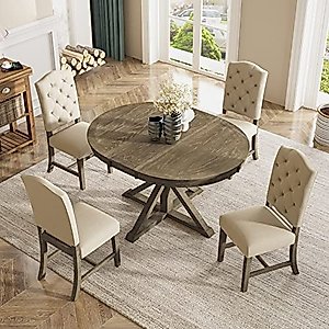 Merax 5 Piece Kitchen Dining Table Set, Wood Round Dining Table Set with Extendable Table and 4 Upholstered Chairs for Dining Room and Living Room, Functional Furniture Retro Style (Natural)