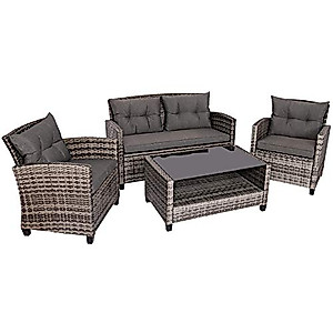 Tangkula 4 PCS Patio Wicker Conversation Furniture Set, Outdoor Rattan Sofa Set with Padded Cushion & Tempered Glass Coffee Table, Wicker Sectional Sofas & Table for Courtyard Balcony Garden (1, Grey)