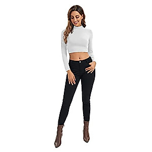 HoneyEcho Cropped Long Sleeve Tops for Women Turtleneck Long Sleeve Undershirts for Women Half Tees for Workout White X-Large