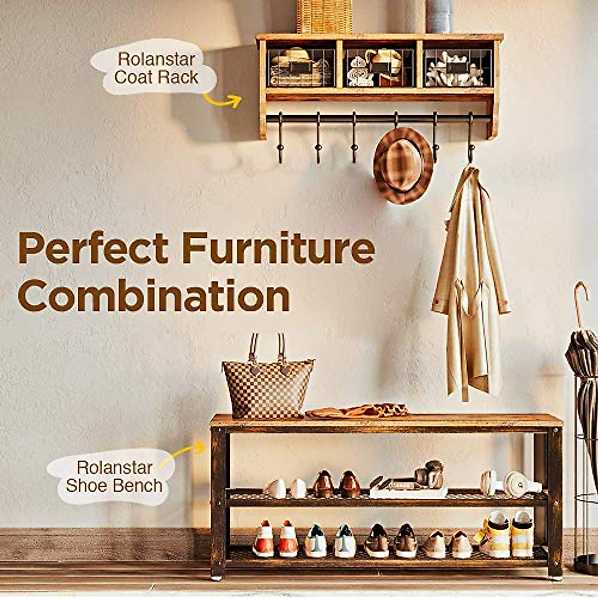Rolanstar Sturdy 3-Tier Shoe Rack Bench Bundle Rustic Wall Mounted Storage Cabinets