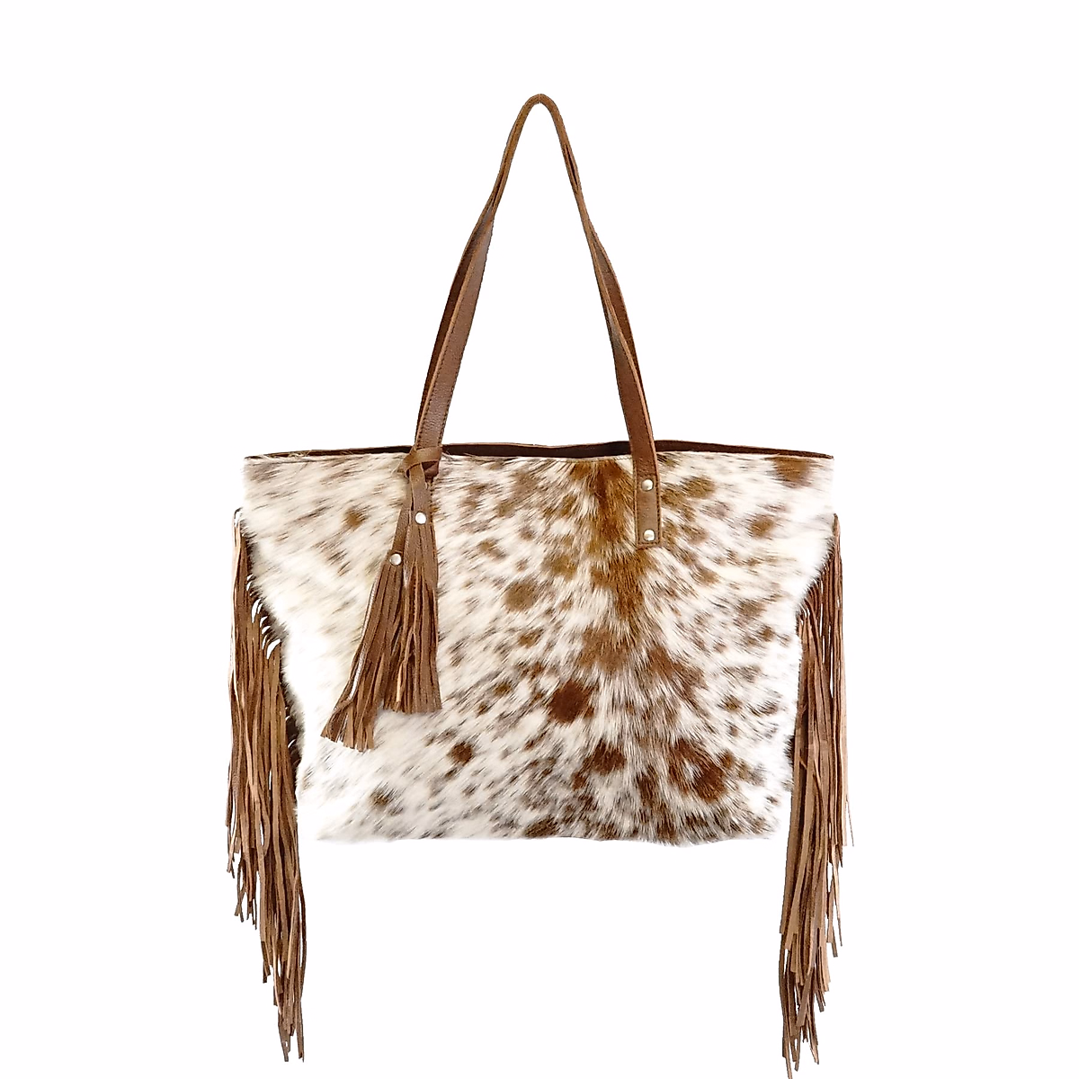 bonanza leathers Cowhide Shoulder Bag - Stylish Western Fringe Purse w/Zipper Closure - Durable Western Tote Bag & Leather Bag for Daily Use - Western Purse w/Unique Cowhide Pattern - Chocolate