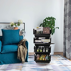 Ewingger 4-Pack Plastic Stacking Storage Basket, Stackable Organizer Baskets Bin, Black