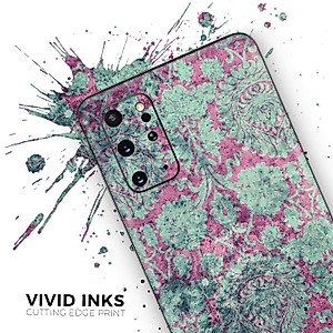 DesignSkinz Grungy Teal and Pink Damask Pattern Protective Vinyl Decal Wrap Skin Cover Compatible with The Samsung Galaxy S20 (Screen Trim & Back Glass Skin)