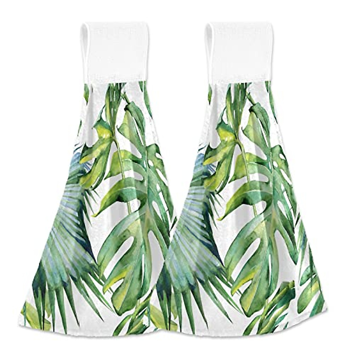 Green Palm Leaves Tropical Leaf Jungle Hanging Kitchen Towel 2 Pcs Hand Towel Tie Towels Set Absorbent Dish Cloths Tea Bar Towels for Bathroom Laundry Room Decor
