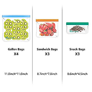 10 Pack Reusable Sandwich Bags,Dishwasher Safe Reusable Storage Bags,Reusable Snack Bags Leakproof Silicone - Free Plastic BPA Free Bags for Food Travel (10 Pack 4 Gallon 3 Sandwich 3 Snack)