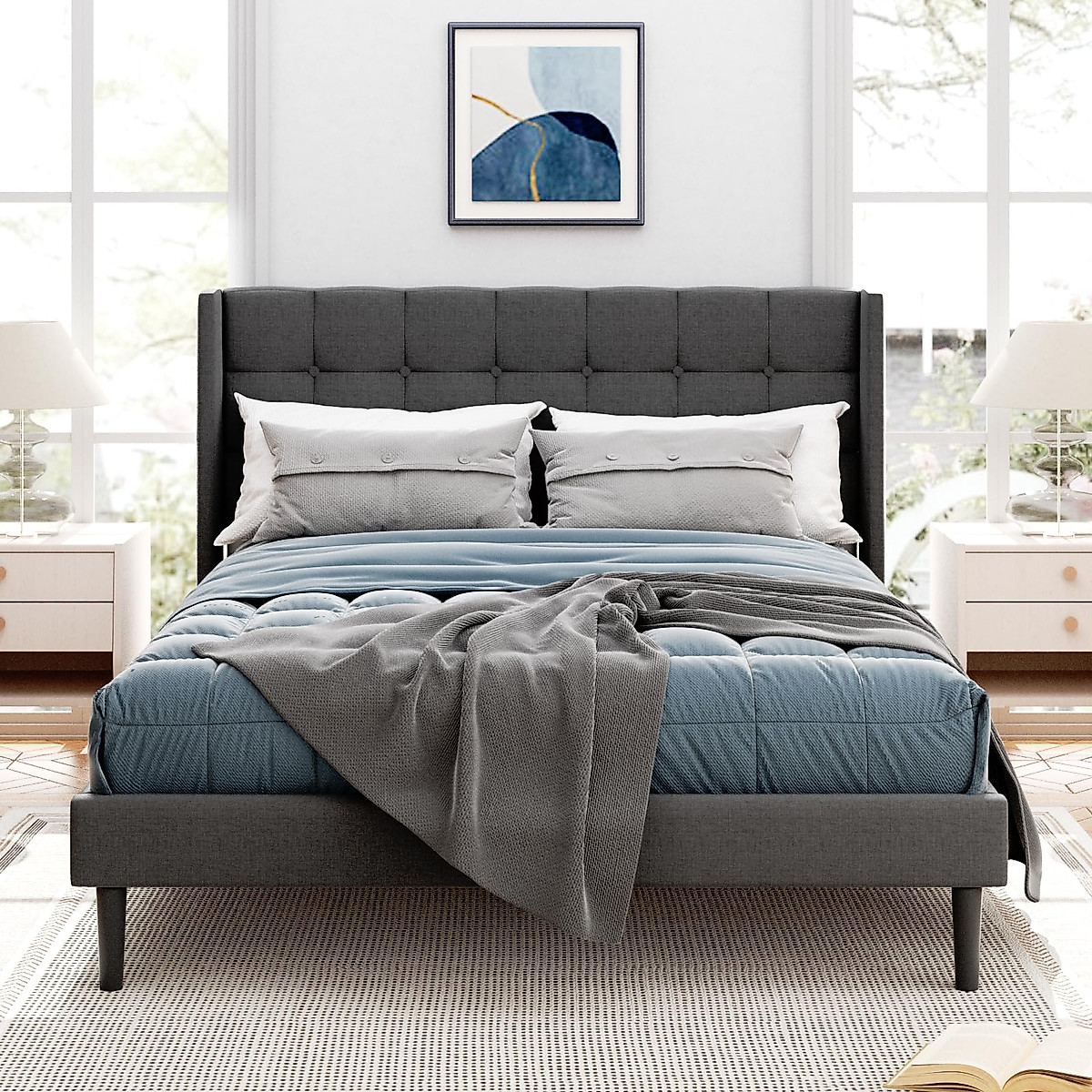 Sismplly Queen Size Bed Frame with Button Tufted Wingback Headboard, Modern Upholstered Platform Bed, Strong Wooden Slats, No Box Spring Needed, Noise-Free, Easy Assembly, Dark Grey