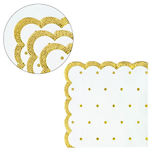 100 Pack White Scalloped Napkins with Gold Foil Edges and Dots for Wedding, Bridal, Baby Shower, Christening, any Occassion, Dinner Luncheon (3-Ply, 6.3 x 6.3 In)