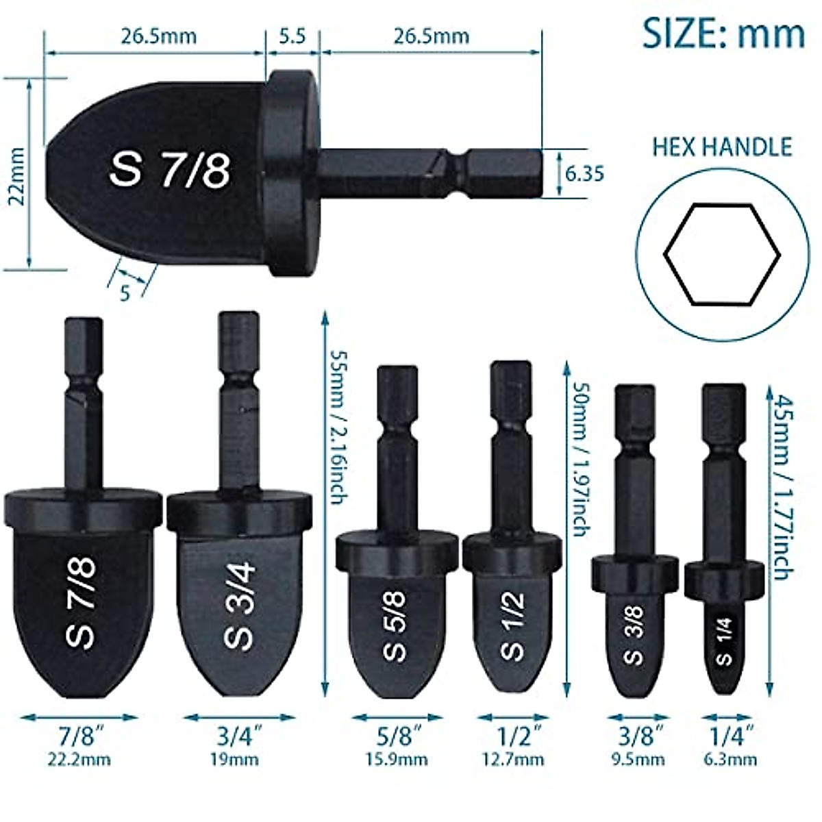 Hilitand 6Pcs Swaging Tool Drill Bits Set, Professional Manual Copper Pipe Swage Tool Drill Bits Triangular Handle, HVAC Repairing Set 7/8'', 3/4'', 5/8'', 1/2'', 3/8'', 1/4'' Bits