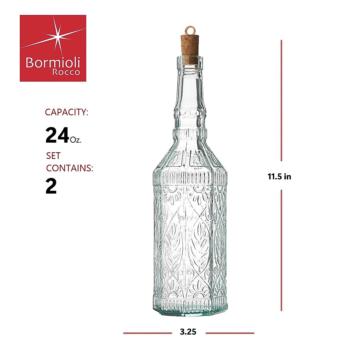 Bormioli Rocco Set Of 2 Country Home Fiesole Bottle, 24-ounce With All Natural Cork Lid, Blue-green Tinted Star Glass, Elegant And Floral Design Made In Italy.