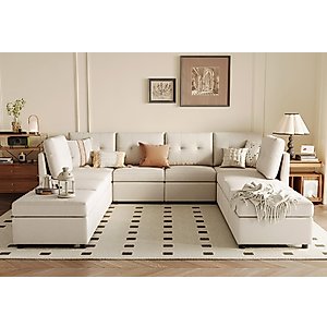 LINSY HOME Oversized Modular Sectional Couch, Rubik III 6 Seats with 4 Ottomans Convertible U Shaped Sectional Sleeper Sofa with Storage, All Covers Changeable Washable, Beige