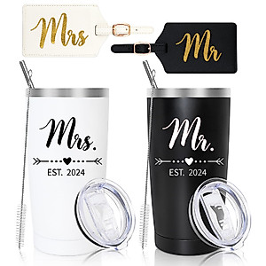 DHQH Personalized Mr and Mrs EST 2024 Gift Stainless Steel Travel Tumbler & Leather Luggage Tag Set - Wedding Gifts for Couples 2024- Perfect Newlywed, Engagement, and Bridal Shower Gifts