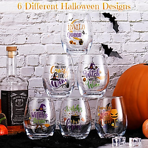 Bokon 6 Pcs Halloween Stemless Wine Glasses 15oz Witches Wine Glasses Hallo Queen Drinking Glasses Ice Coffee Beer Beverages Clear Tumbler Cups Halloween Gifts for Women Men Party Event Decorations