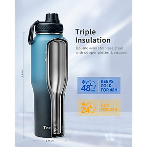 Trebo 32oz Insulated Water Bottle that Fits in Cup Holder, Stainless Steel Double Wall Tumbler Flask Bottles with Paracord Handle, with Straw Spout Lids, Keep Cold for 48 Hrs/Hot 24 Hrs,Indigo/Black