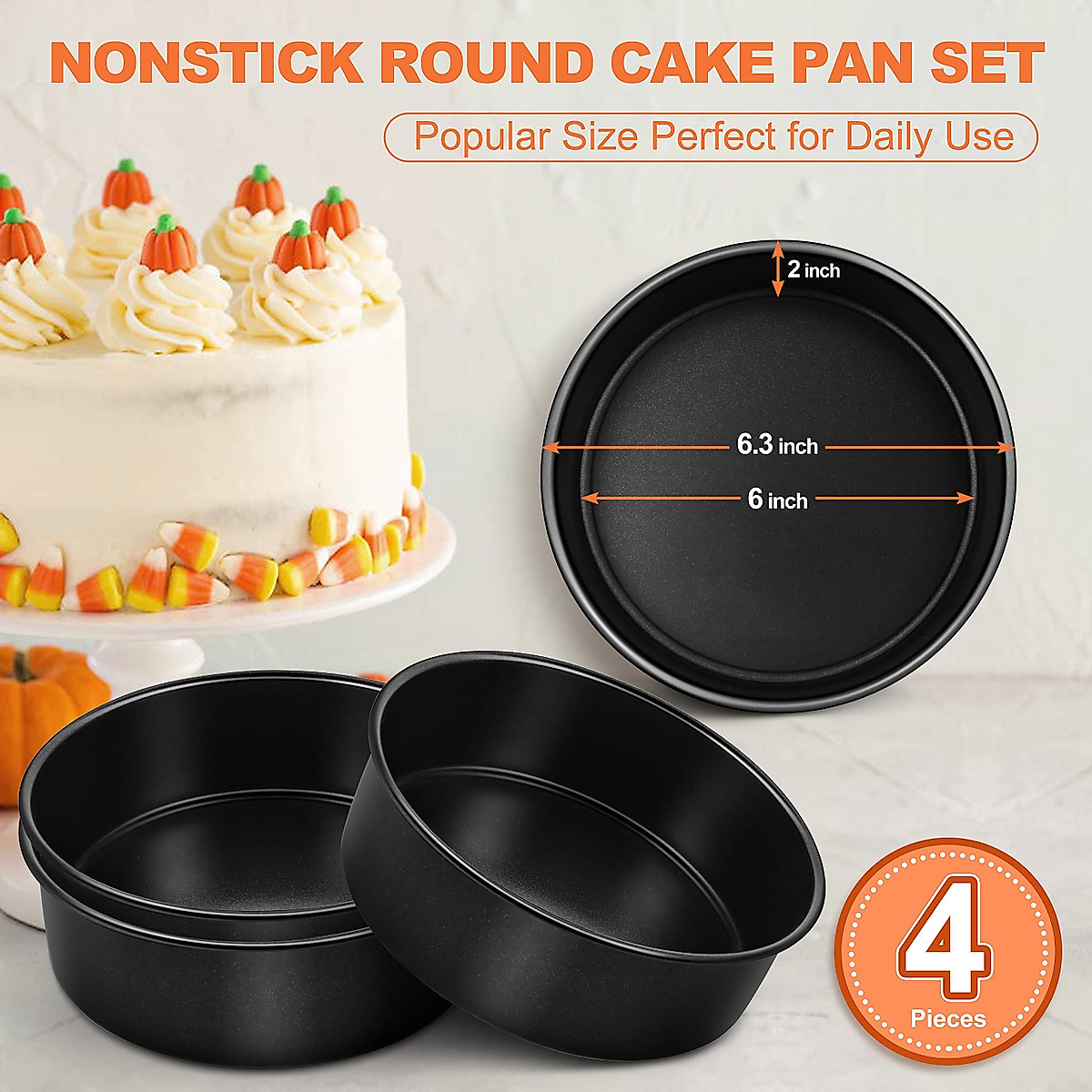 Homikit 6 Inch Cake Pan Set of 4, Stainless Steel Nonstick Round Cake Baking Pan Mold, Metal Birthday Wedding Smash Layer Cheesecake Pans for Circle Cake Pizza Pie Tart Quiche, Healthy & Oven Safe