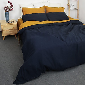 S VICTORY SYMBOL 100% Organic Linen Duvet Cover Set Queen Size,Natural French Linen Bedding Set with Stone Washed,Comforter Cover with Button Closure(Navy) Soft,Breathable