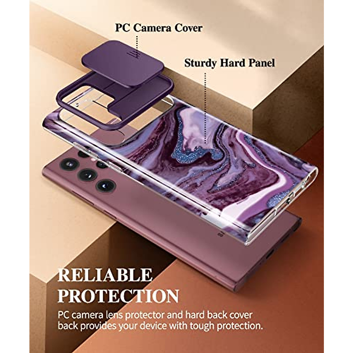 GVIEWIN Designed for Samsung Galaxy S22 Ultra Case with Slide Camera Cover, [Military Grade Drop Protection] Marble Slim Fit Shockproof Protective Phone Case for S22 Ultra 5G 6.8" 2022(Quicksand)