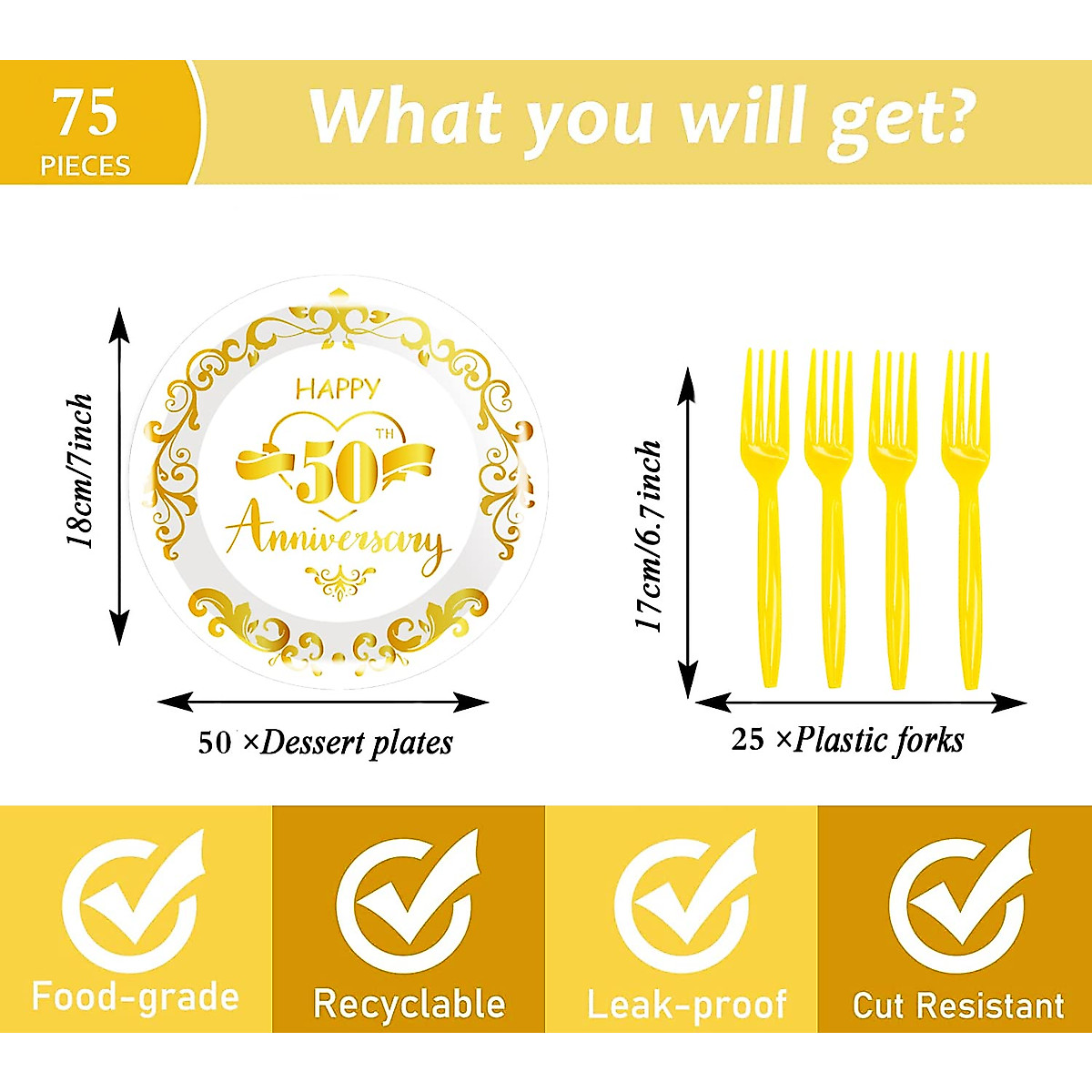 75 Pcs 50th Anniversary Wedding Party Supplies,50th Anniversary Wedding Party Tableware Set 7" 50 Years Golden Paper Plates Fork Fifty Anniversary Party Decorations 50th Brithday Party Decorations