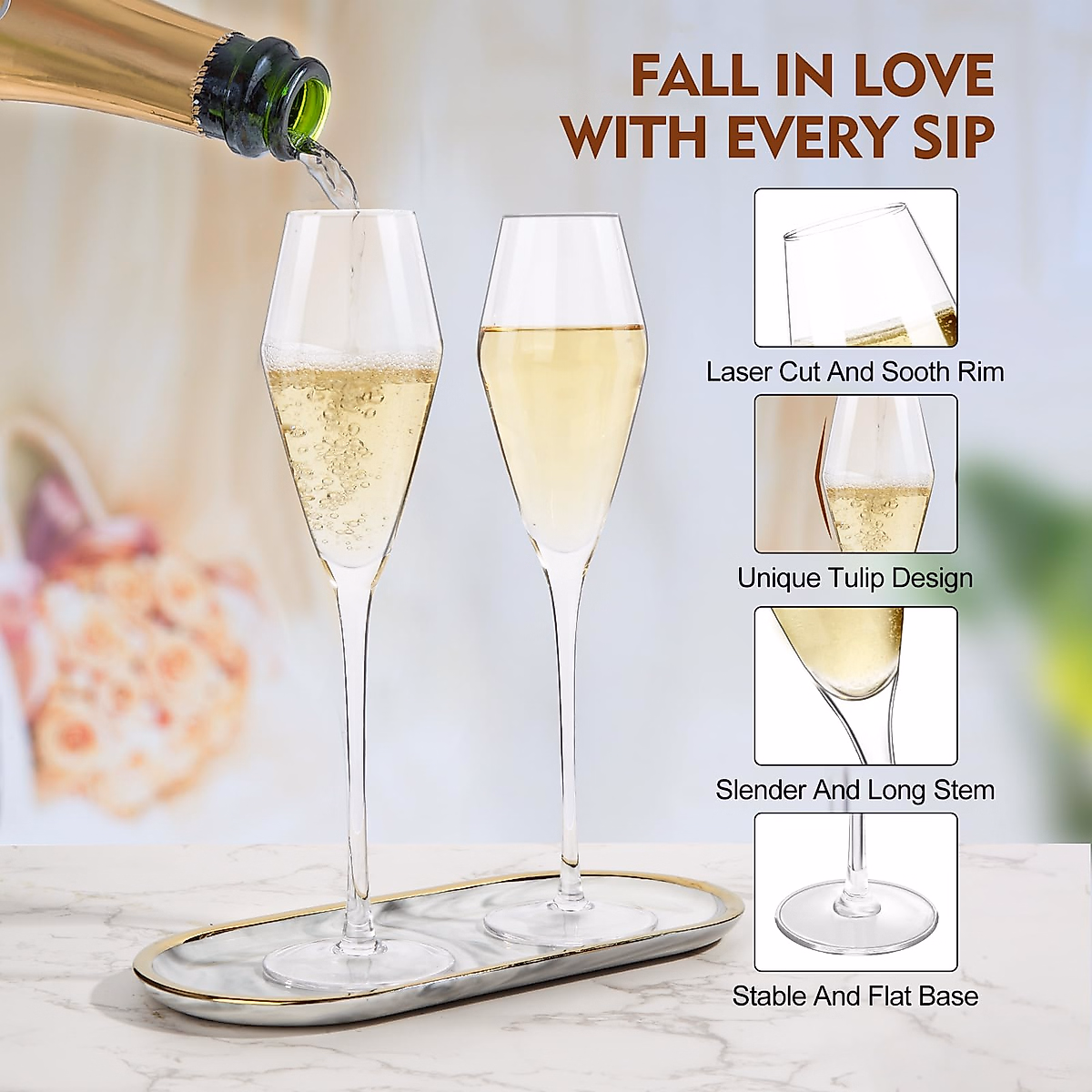 Yaschmo Champagne Flutes Glasses Set of 4, 8.4 oz Hand Blown Crystal Wedding Flutes Glasses, Elegant Tulip Glasses - Ideal Gift for Wedding, Anniversary,Christmas Day (4 Count (Pack of 1))