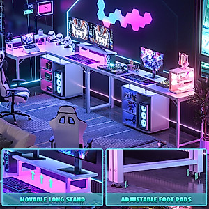 Cyclysio L Shaped Gaming Desk with Wood Cabinet, 58" Large Corner Desk with LED Lights & Power Outlet, Reversible Computer Desk with Monitor Stand, Home Office Desk 2 Person Corner Desk, White