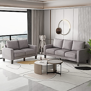 Myshle 3-Seater 2+3 Seat Sectional Storage Box, Sleeper Loveseat Couch Sets with Square Arms, Chesterfield Chaise, Wood Legs, Polyester, Modern Living Room Furniture Sofa in Light Grey