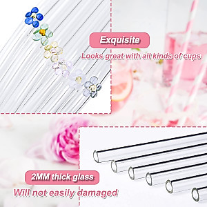 6PCS Reusable Glass Straw Flower Design Glass Straw,Colorful Straws Cocktails Bar Accessories Cleaning Brush Bent Drinking Straws for Hot and Cold Drinks (Flower)
