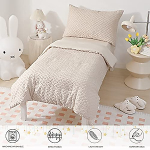 Cozyholy 4 Pieces Boho Tufted Toddler Bedding Set for Girls Boys Beige Soft Jacquard Embroidery Bed Sheets Set Comforter Set for Baby Kids | Include Comforter, Flat Sheet, Fitted Sheet, Pillowcase