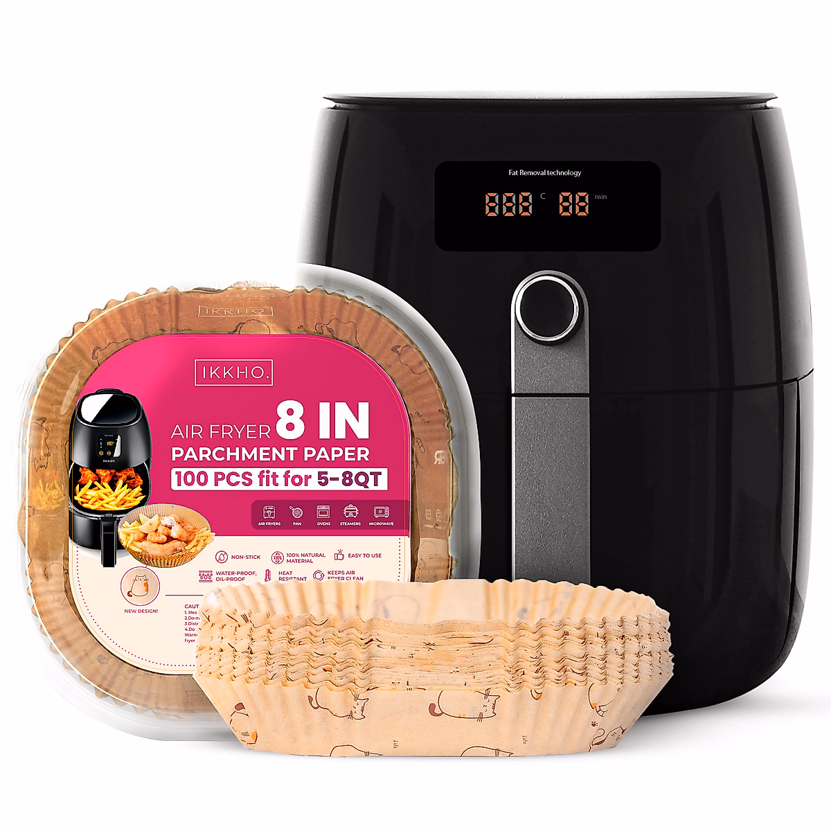 Air Fryer Disposable Paper Liner with Design | 100 Pcs Fit for 5 to 8 QT Basket | Non-Stick Oilproof Parchment Sheets for Microwave | 8” Square