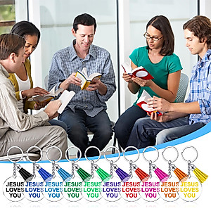 Ferreve 100 Pcs Jesus Loves You Acrylic Keychains with Tassels Christian Gifts Bulk Operation Christmas Supplies Religious Keychain for Women Church Christian Gift