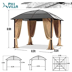 PHI VILLA 10' x 10' Hardtop Gazebo Outdoor Pavilion Tents Metal Frame Curved Roof Patio Gazebo with Netting and Curtains for Parties,Patio, Garden, Lawn(Brown)