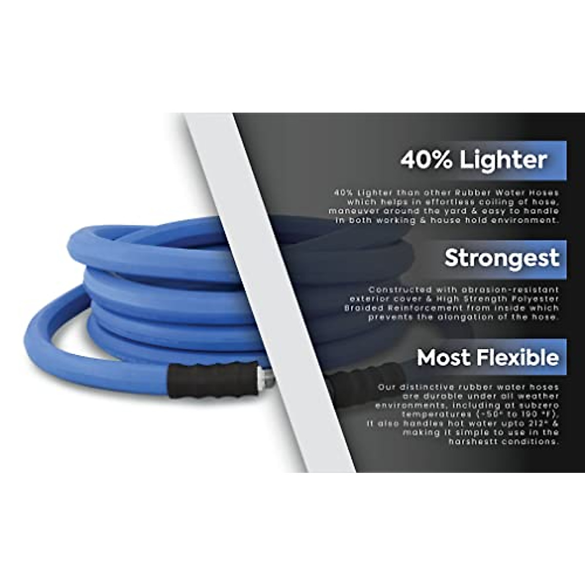 AG-LITE BSAL58100 5/8" x 100' Hot/Cold Water Rubber Garden Hose, 100% Rubber, Ultra-Light, Super Strong, 500 PSI, -50F to 190F Degrees, High Strength Polyester Braided