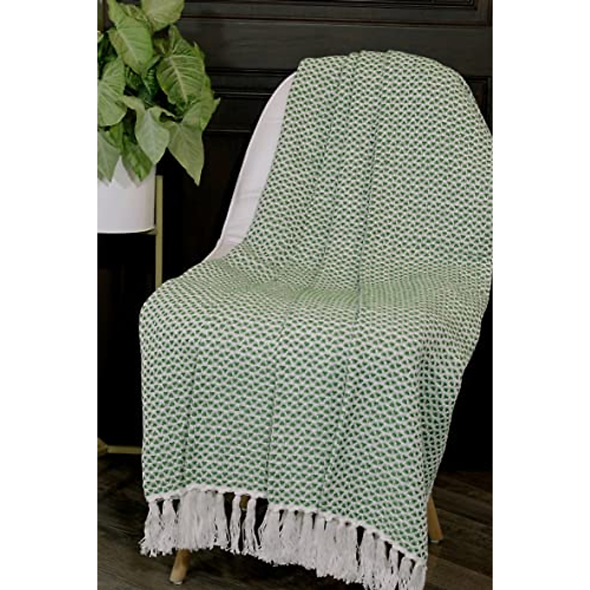 Woven Virtues Modern Hand-Woven Throw Blanket, 50" x 60", Green and White, Light, Luxurious and Soft