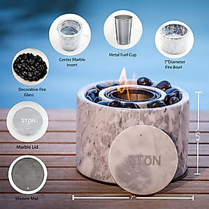 Stonhome Tabletop Fire Pit Bowl - The Original Marble Portable Fireplace, Indoor Outdoor, Mini Fire Pit Clean Burning Real Flame for Patio Balcony, S’Mores Maker (White)