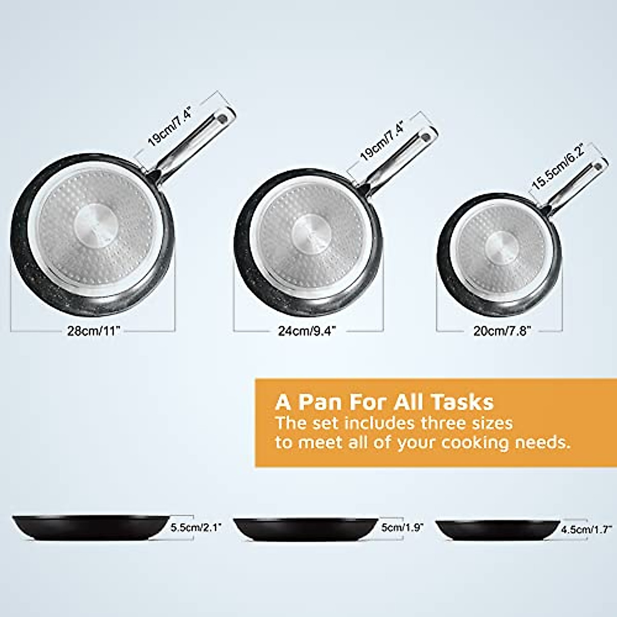 Jean-Patrique Stonetastic Granite Nonstick Frying Pans - Set of 3 Induction Frying Pans Non Stick - Frying Pan Set for All Types of Stove Tops & Oven Safe 7.8 inch, 9.4 inch, 11 inch