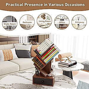 Giantex 5-Tier Tree Bookshelf with Drawer - Freestanding Retro Small Book Storage Rack for Small Place, Kids Room Wooden Decorative Bookcase with Storage for CDs, Magazines, Books, Brown