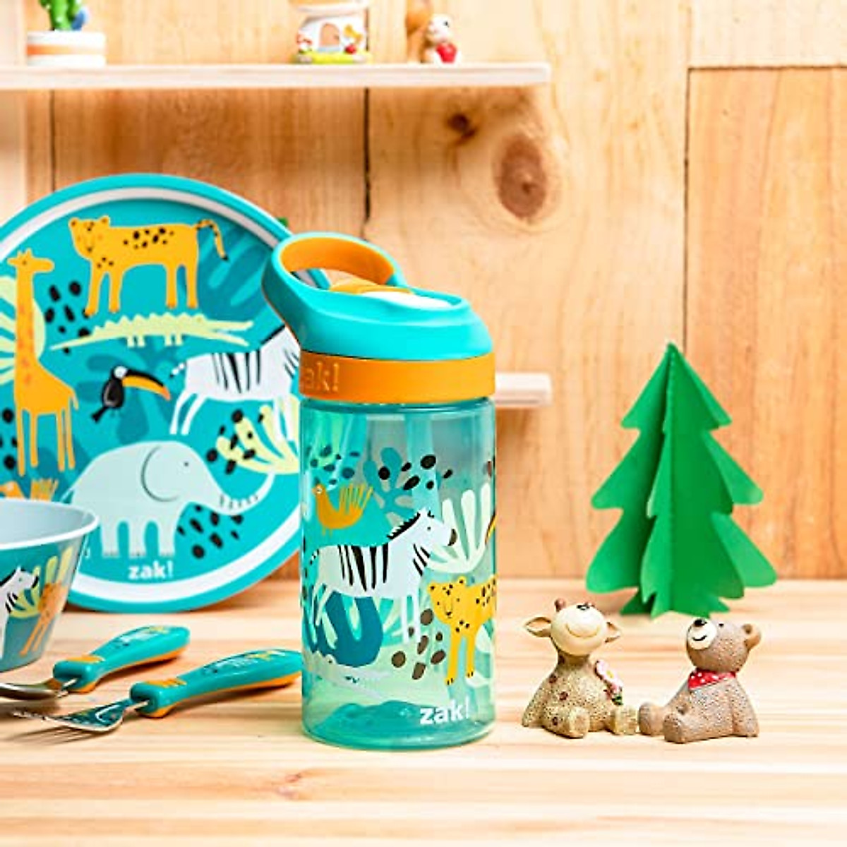 zak! Safari - 5-Piece Dinnerware Set - Durable Plastic & Stainless Steel - Includes Water Bottle, 8-Inch Plate, 6-Inch Bowl, Fork & Spoon - Suitable for Kids Ages 3+