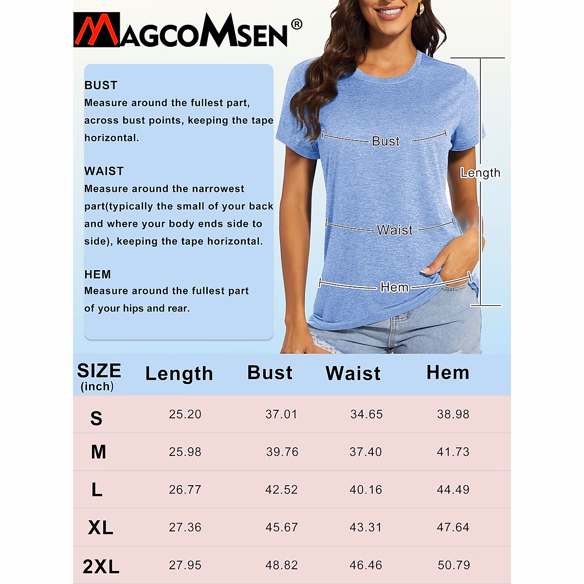MAGCOMSEN Athletic T-Shirts for Women Short Sleeve Casual Shirts Moisture Wicking Performace Tees Fitness Running Shirts Light Blue Large