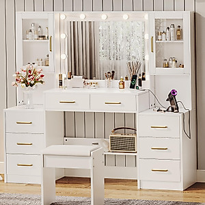 58.3" Large Vanity Desk with Mirror & Lights, Makeup Vanity with 10 LED Lights, 8 Metal Sliding Drawers & 2 Cabinets, White Vanity Set with Stool & Power Outlet 3 Lighting Modes Adjustable Brightness