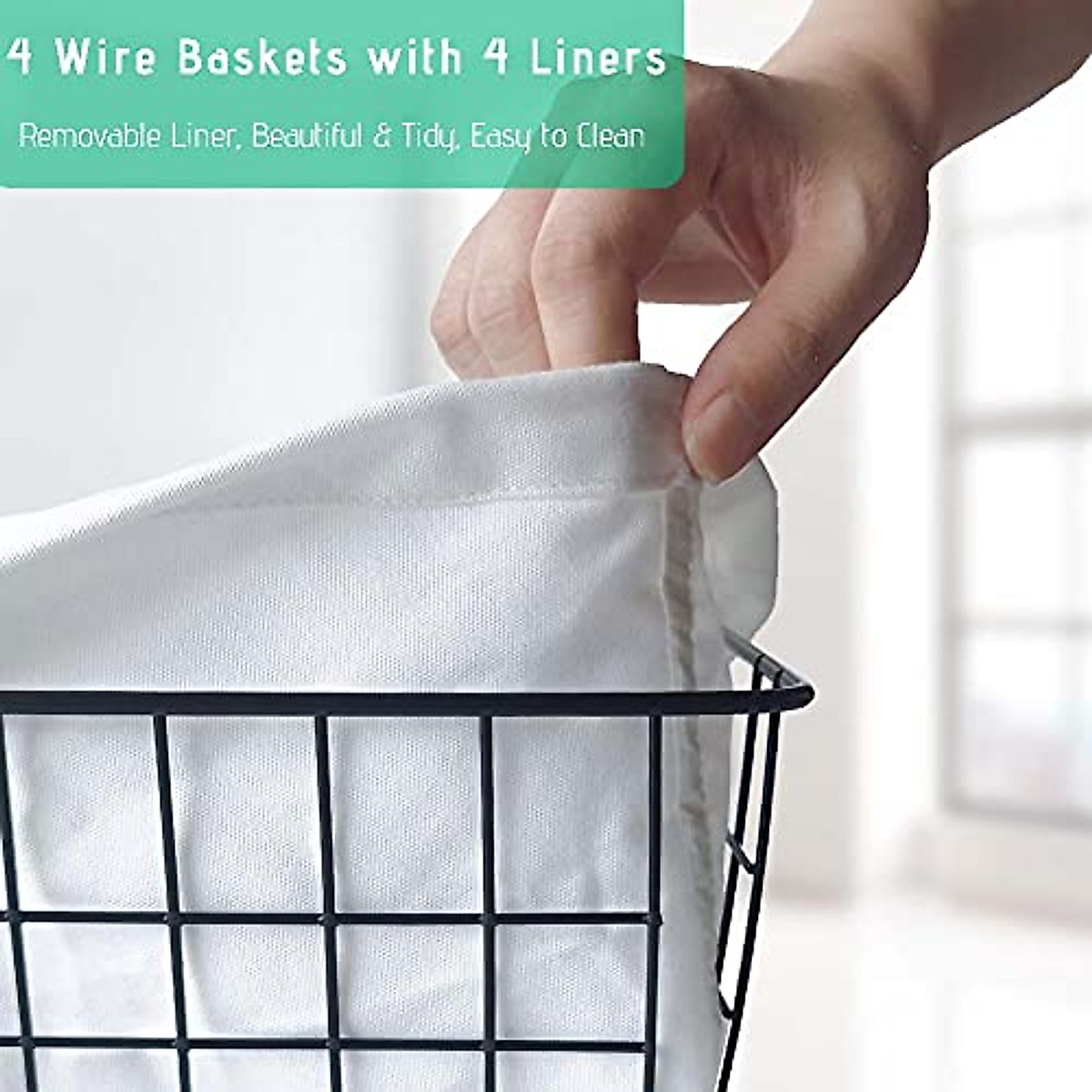 Viloth Wire Basket with Liner, 4 Pack Wire Baskets for Storage, Durable Metal Basket Organizer Storage Bin for Kitchen Cabinets, Pantry, Bathroom, Countertop, Closets (Black, 4 Liners)