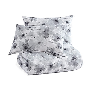 DKNY Bedding Modern Bloom 3-Piece Floral Cotton Duvet Cover Set, King, Grey