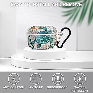 YouTary Blue Sea Turtle Nautical Map Pattern Apple Airpods pro Case Cover with Keychain, AirPod Headphone Cover Unisex Shockproof Protective Wireless Charging Headset Accessories