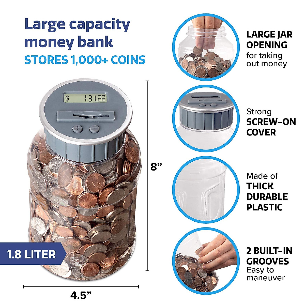M&R Digital Counting Coin Bank. Batteries Included! Personal Coin Counter/Money Counting jar, totals up Your Savings- Works with All U.S. Coins-in Retail Packaging.