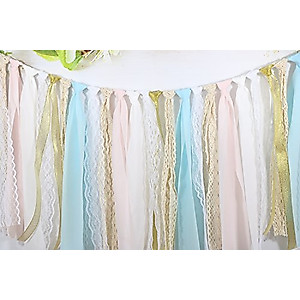 Fabric Tassel Garland Rag Tie Garland Shabby Chic Blush Banner for Wedding Decor Baby Shower Party Decor Home Decor Wall Hanging Boho Decor Birthday Banner (Pink+Gold+Blue)