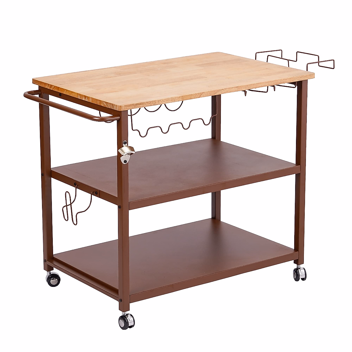 kognita Pizza Oven Table 35.5" Outdoor Grill Table with 4 Wheels, Rubberwood Outdoor Bar Cart Dining Prep Table with Wine and Glasses Rack,Garbage Bag Holder,Bottle Opener and Gas Tank Hook