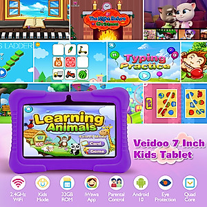 Veidoo Kids Tablet, 7 inch Android Tablet PC, 2GB RAM 32GB ROM, Safety Eye Protection Screen, WiFi, Dual Camera, Games, Parental Control APP, Tablet with Silicone Case(Purple)