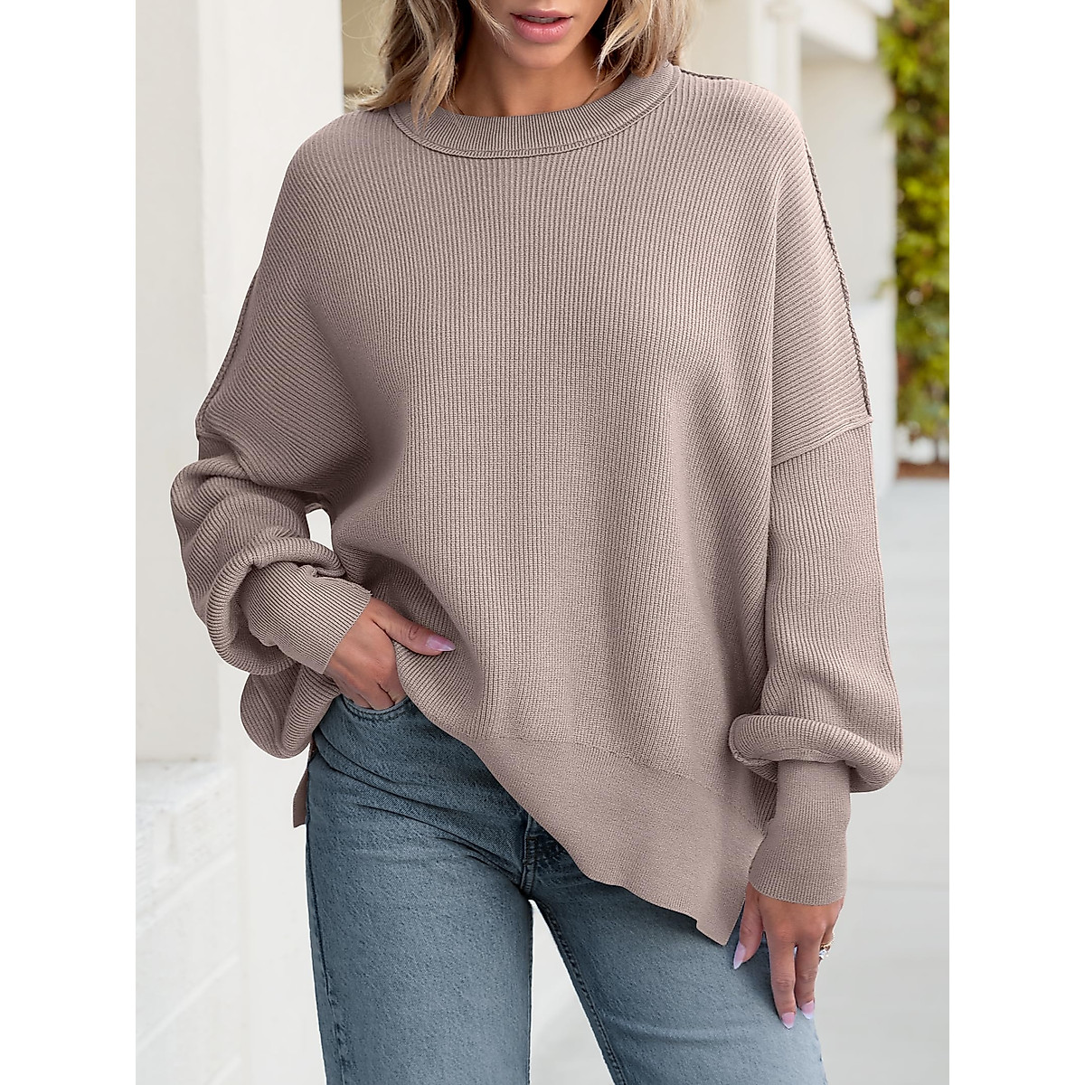 ANRABESS Women Crewneck Batwing Long Sleeve 2024 Fall Oversized Side Slit Ribbed Knit Pullover Sweaters Top Cozy Outfits Pink Apricot Large