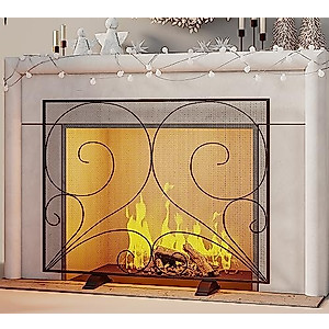Fire Beauty Single Panel Fireplace Screen Handcrafted Solid Wrought Iron Mesh, Heat-Resistant Fire Spark Guard for Fireplace-Black